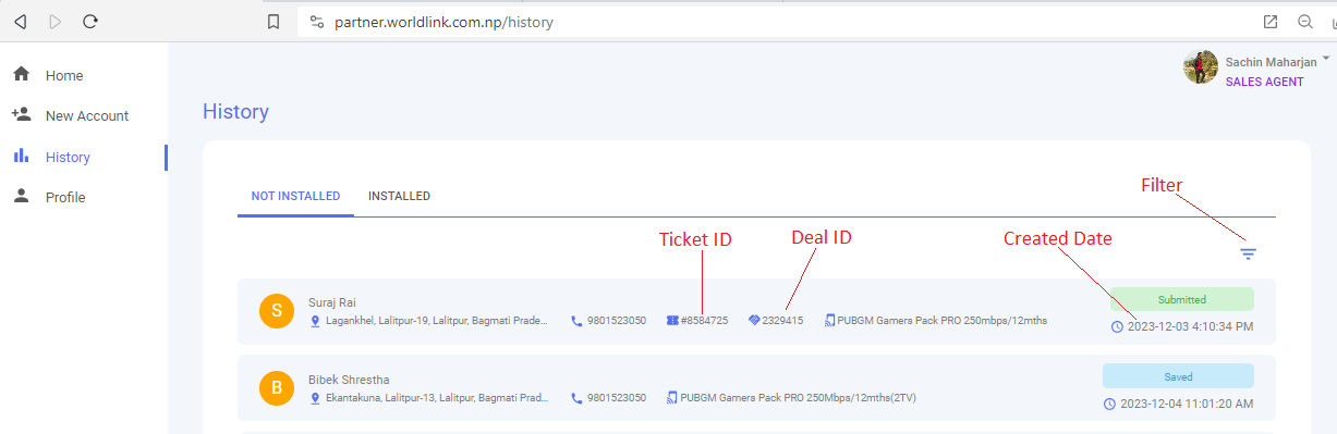 History - Worldlink Partner User Guide